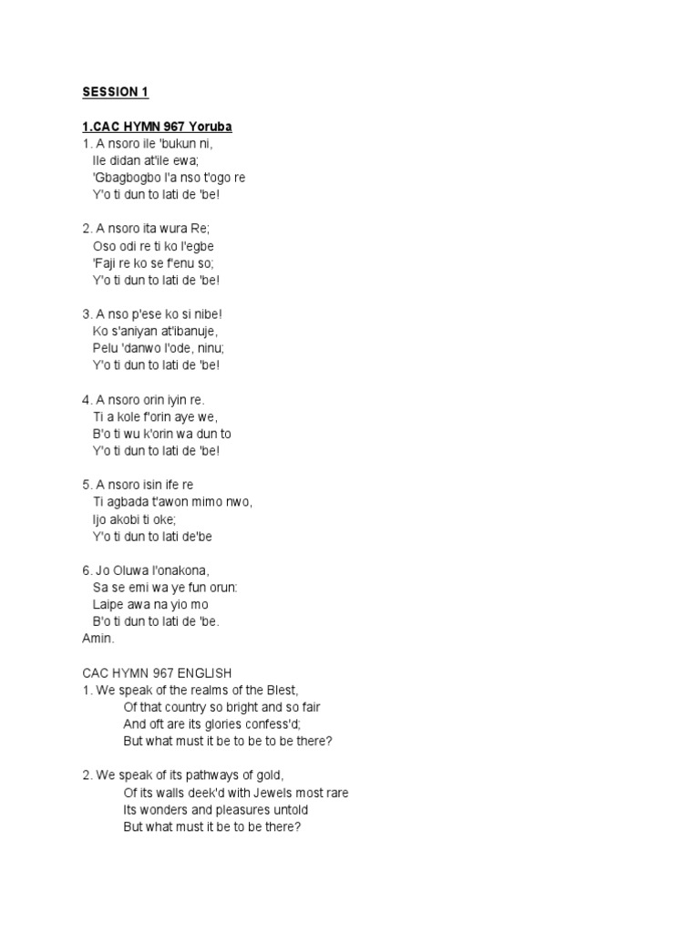Session 1 1.CAC HYMN 967 Yoruba | PDF | Religious Belief And Doctrine