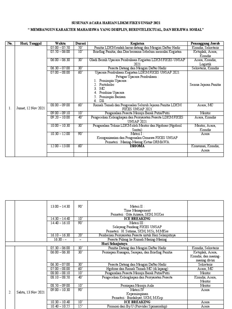Susunan Acara Harian LDKM Fikes Unsap 2021-1 | PDF
