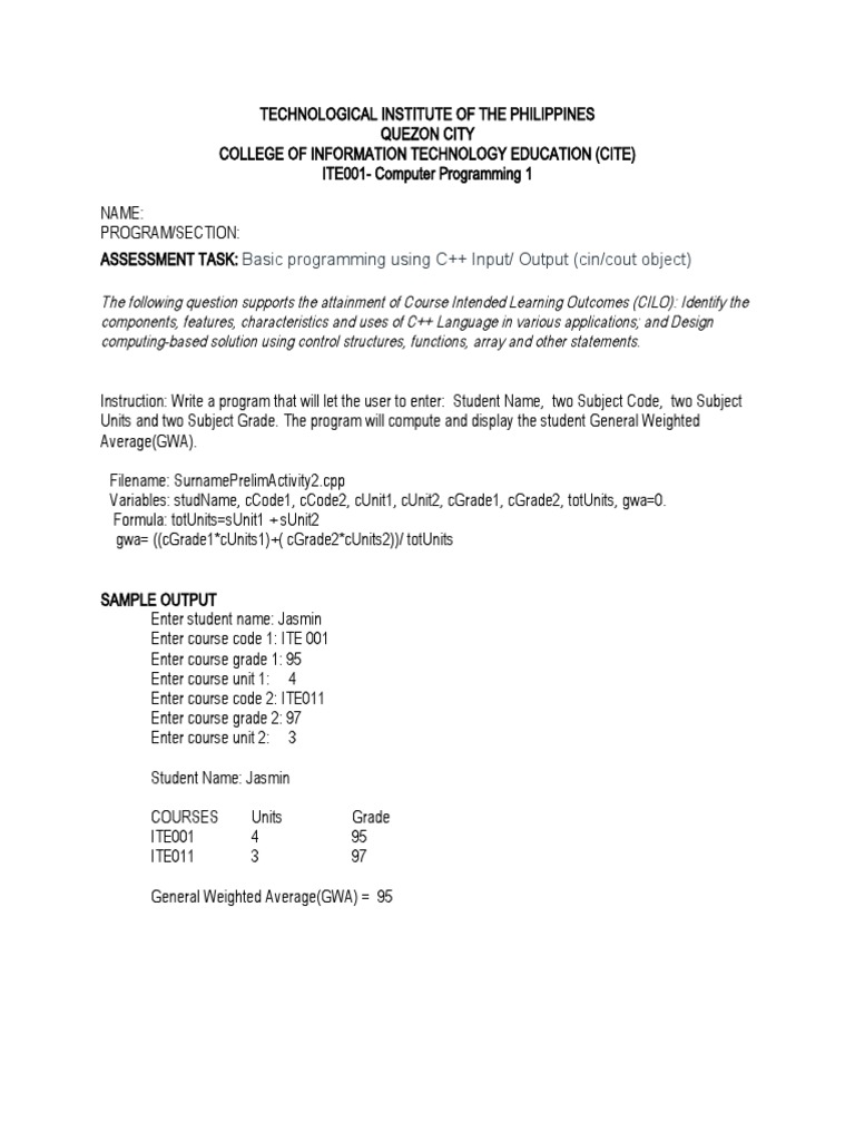 Basic Programming Using C++ Input/ Output (Cin/cout Object) | PDF | C++ ...
