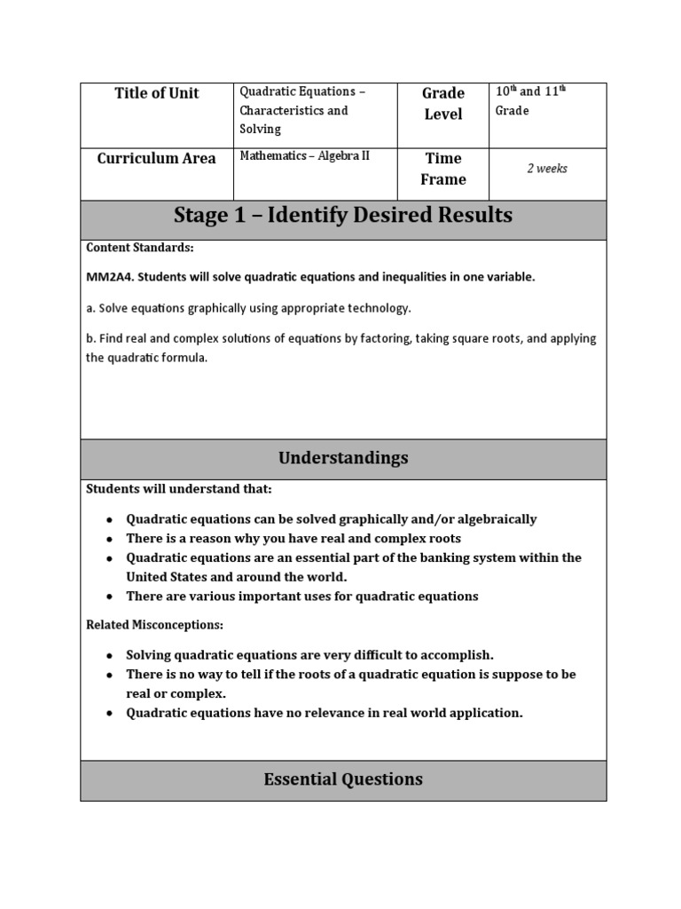 UbD Lesson Plan - Algebra II | PDF | Quadratic Equation | Equations