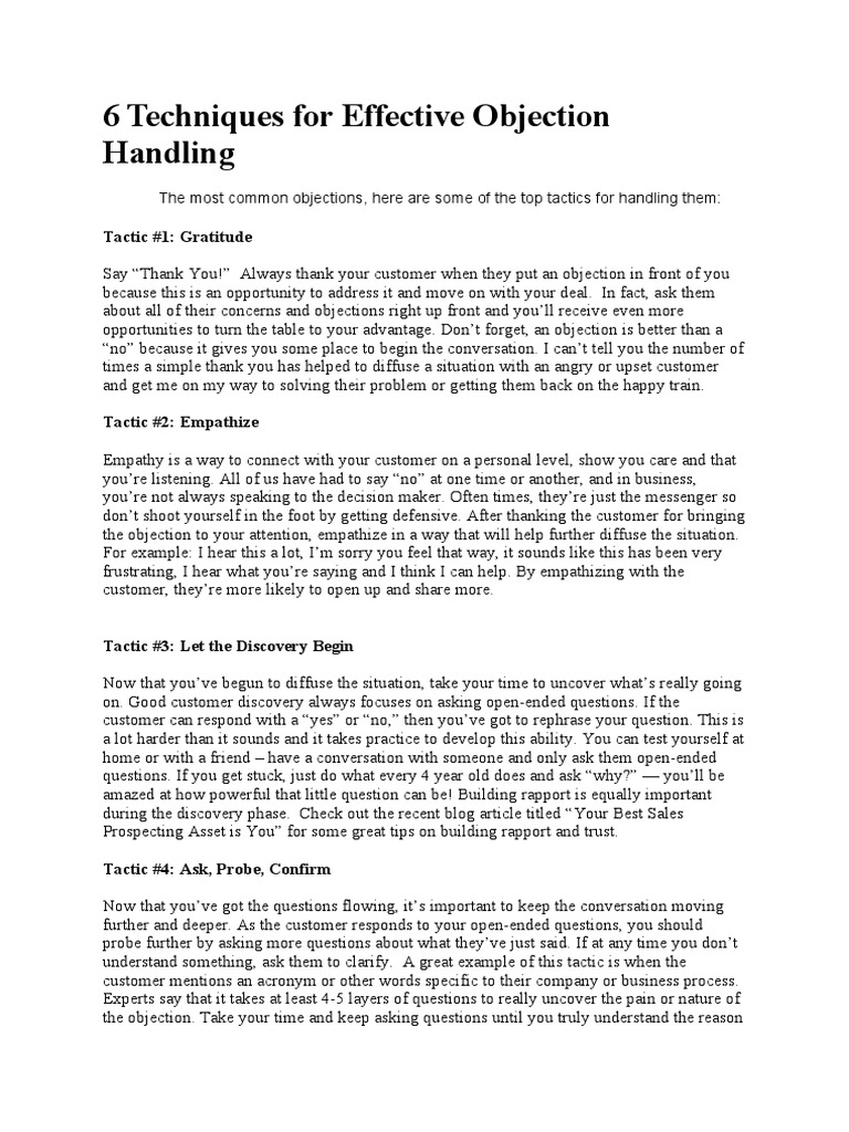 6 Techniques For Effective Objection Handling | Download Free PDF | Empathy | Customer