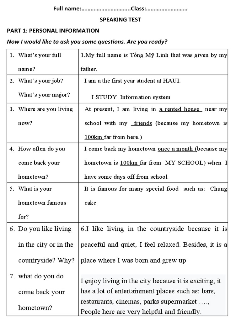 Questions For Part 1 of Speaking Test 1 | PDF | English Language ...