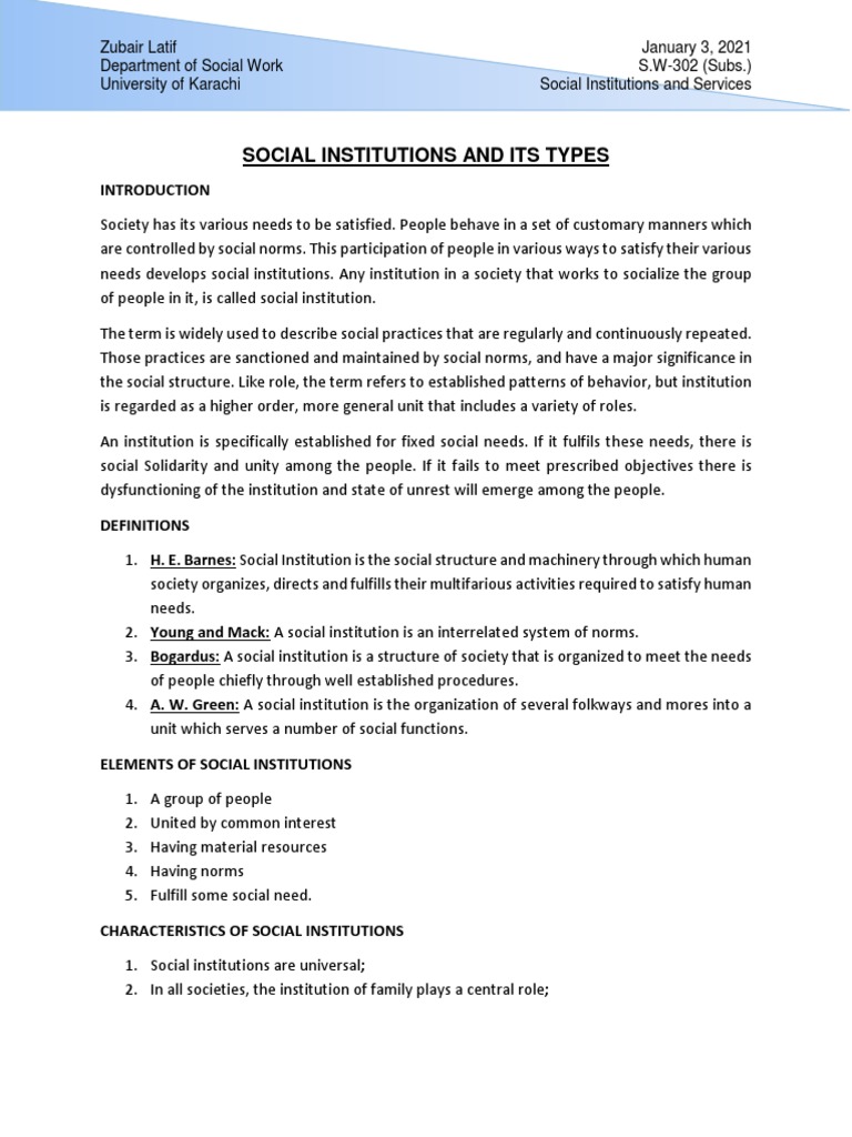 Overview of Social Institutions and Functions | PDF | Institution | Society