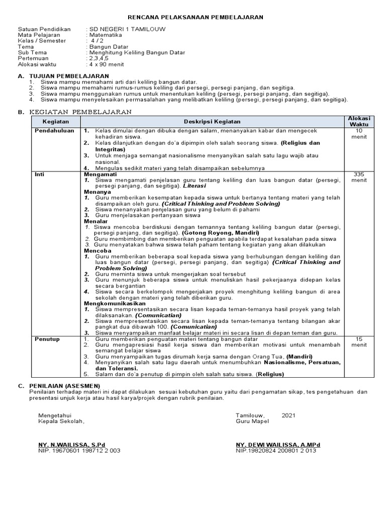 RPP MTK Kelas 4 SM 2 - Menghitung Keliling Bangun Datar | PDF