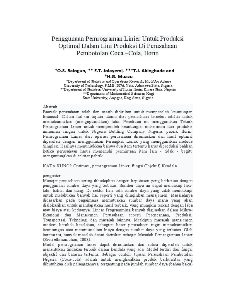 Penggunaan Pemrograman Linier Untuk Produksi Optimal Dalam Lini ...