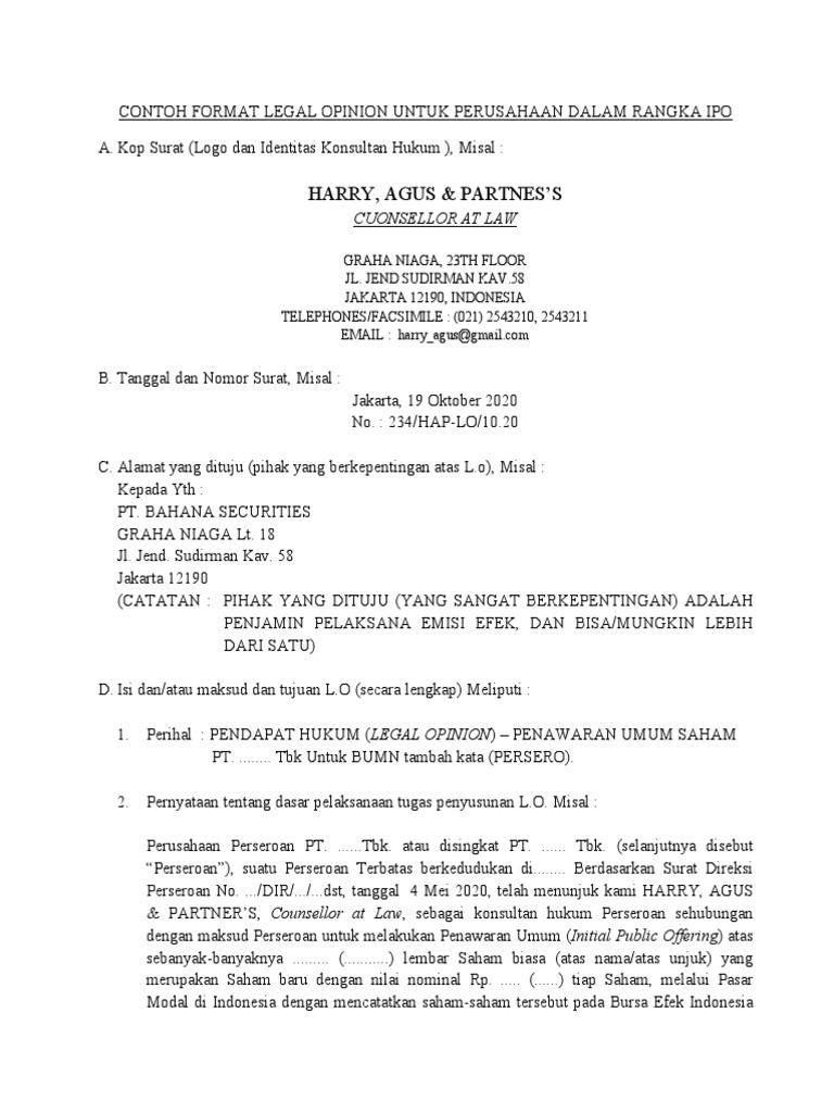 Format Legal Opinion untuk IPO Perusahaan | PDF