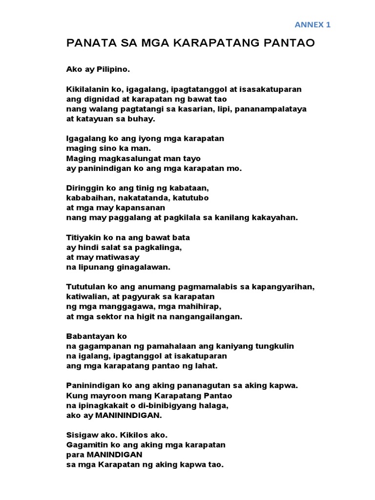 Annex 2 Panata Sa Karapatang Pantao 2018nov6 Och | PDF