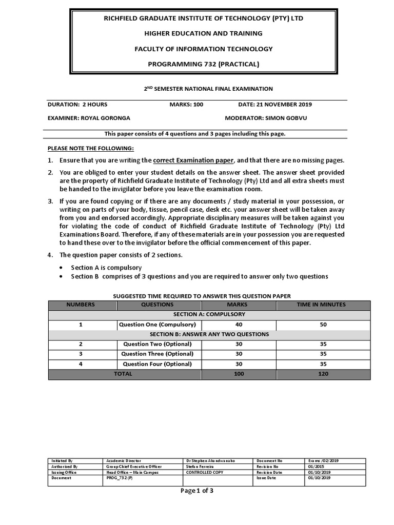 Richfield Graduate Institute of Technology (Pty) LTD Higher Education and Training Faculty of ...