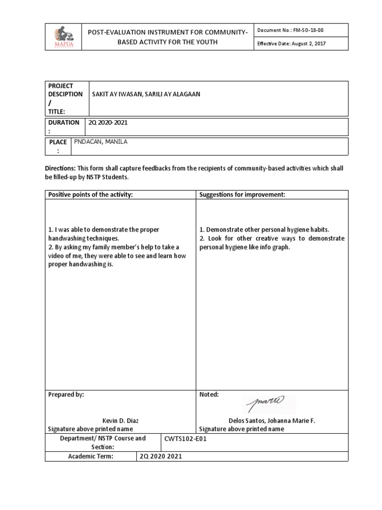 Post-Evaluation Instrument For Community-Based Activity For The Youth | PDF