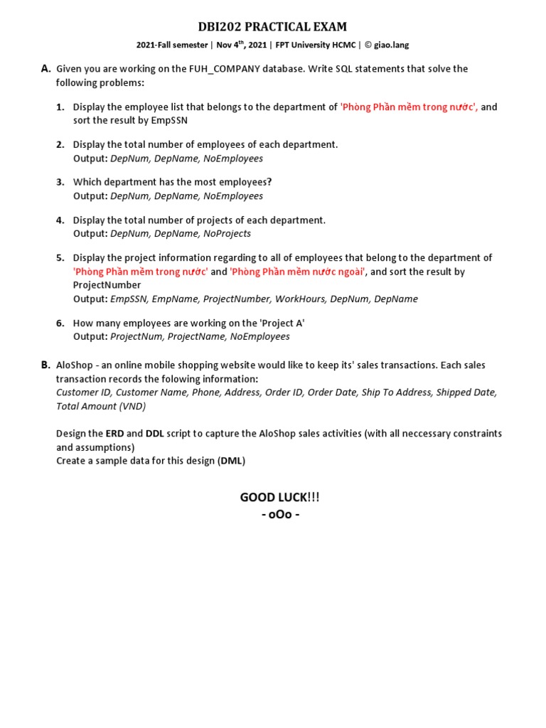 Dbi202 Practical Exam: 'Phòng Phần mềm trong nước', | PDF