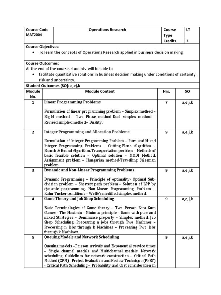 Operations Research Course Outline: Objectives, Modules, Teaching ...