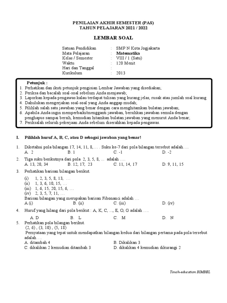 Soal Pas MTK KLS 8 K13 | PDF | Metode & Bahan Ajar