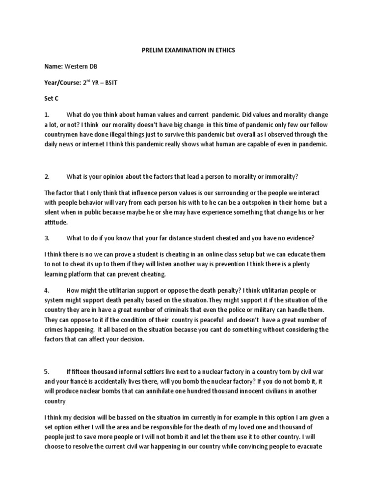 Prelim Examination in Ethics | PDF | Morality | Value (Ethics)