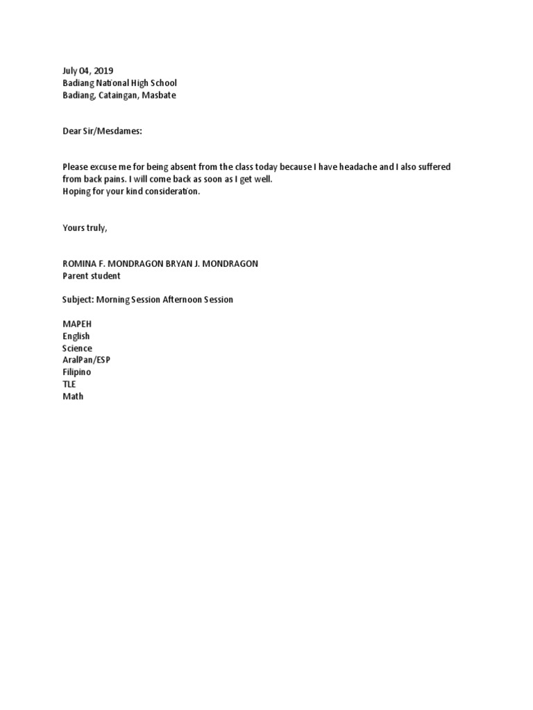 Excuse Letter | PDF