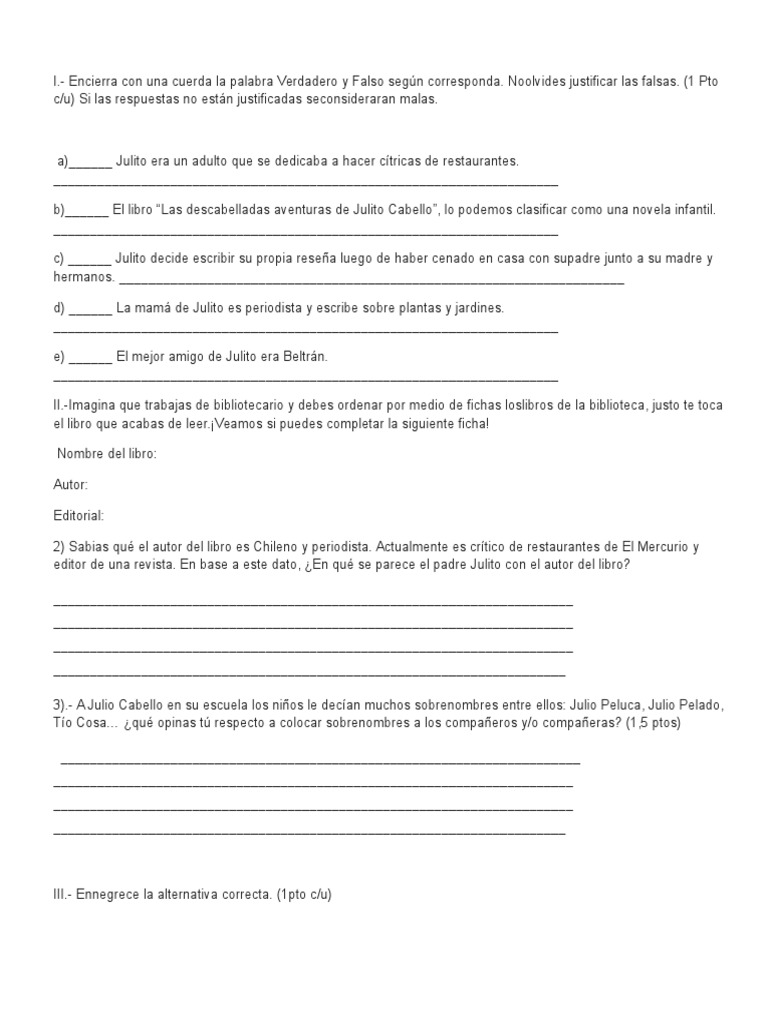 4 Prueba Las Descabelladas Aventuras de Julio Cabello | PDF