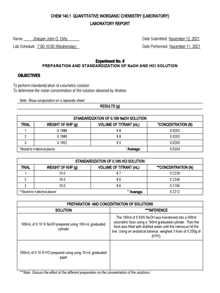 Experiment No. 6: Preparation and Standardization of Naoh and HCL ...