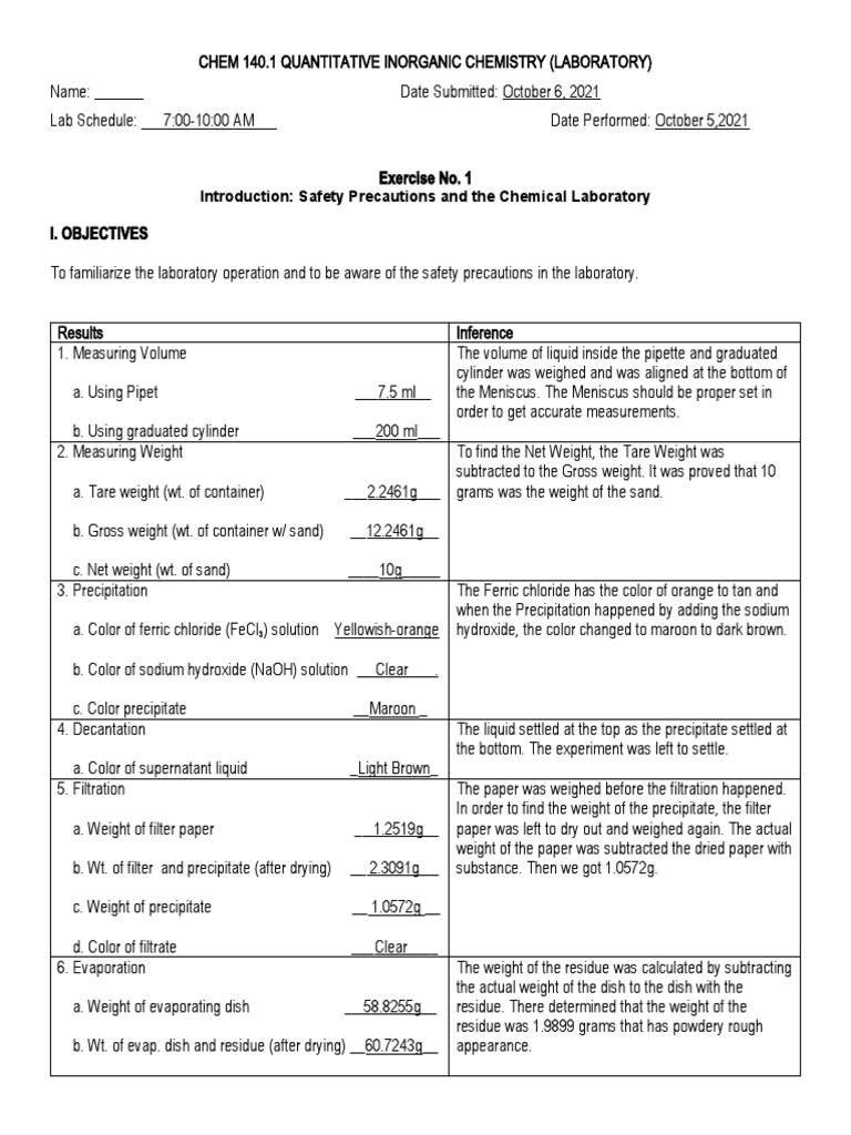 Chem 140.1 Exercise No. 1 Work Sheet | PDF | Precipitation (Chemistry ...