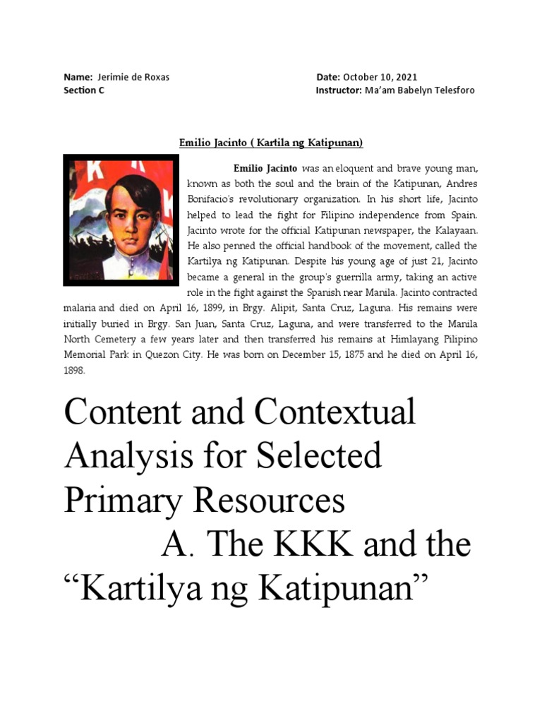 Content and Contextual Analysis For Selected Primary Resources A. The KKK and The "Kartilya NG ...