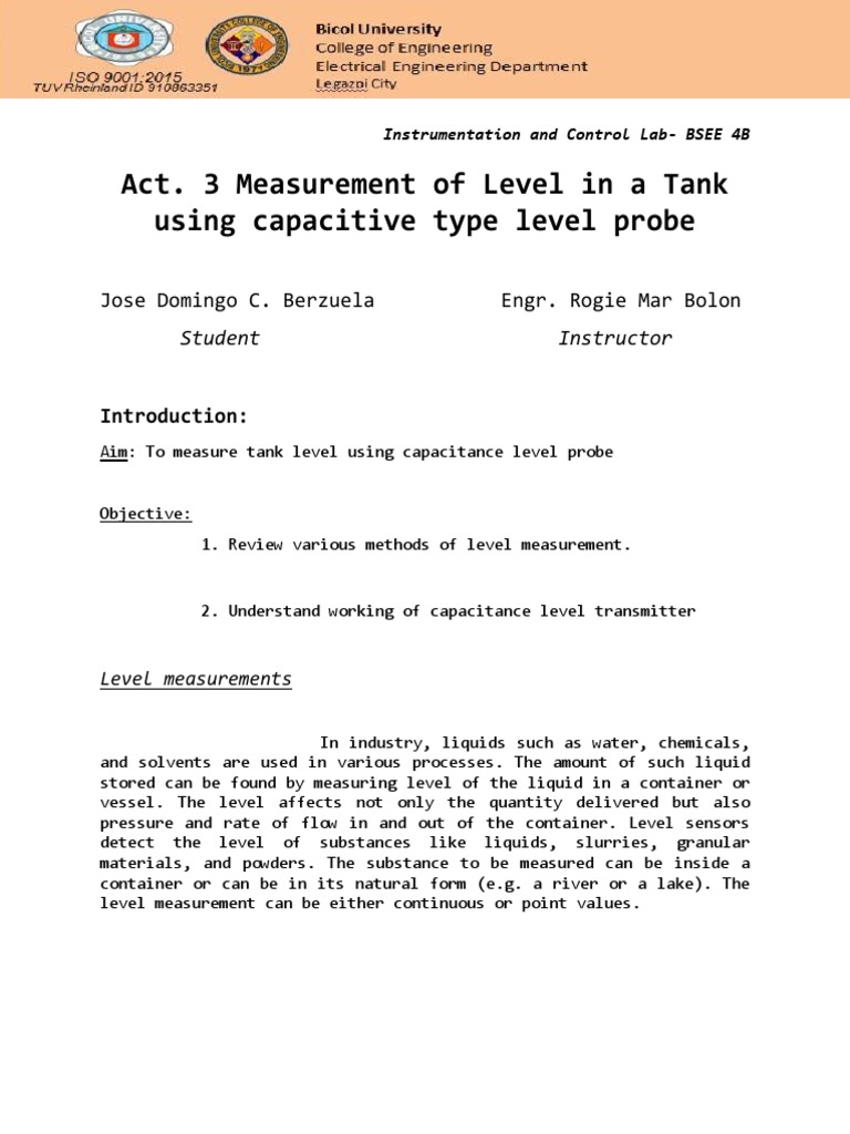 Act. 3 Measurement of Level in A Tank Using Capacitive Type Level Probe ...