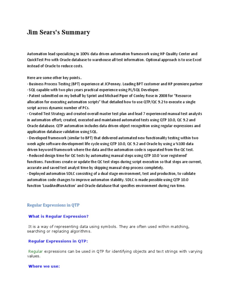 Jim Sears's Summary: Regular Expressions in QTP | PDF | Regular Expression | Databases