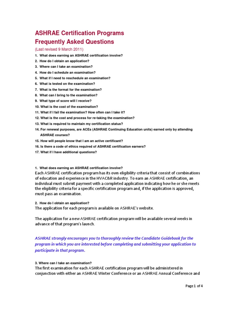 ASHRAE Certification Programs Frequently Asked Questions: (Last Revised ...