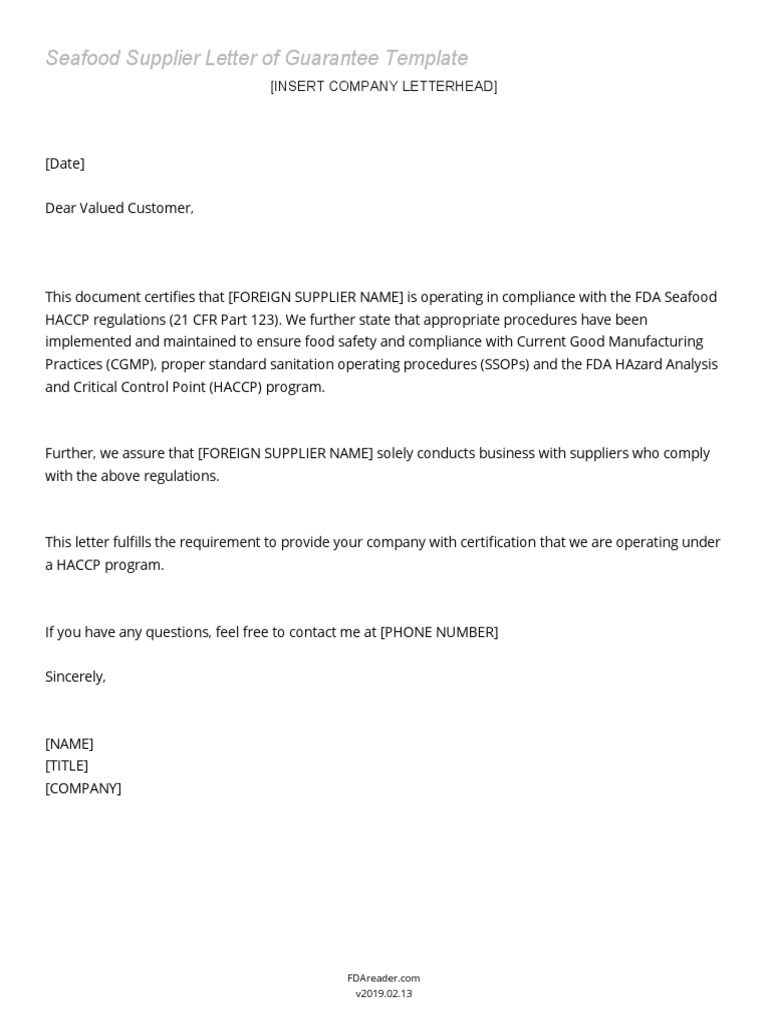 Seafood Supplier Letter of Guarantee Request | PDF