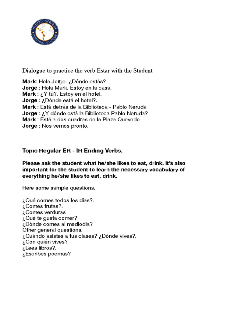 Tutor Guide - Dialogues With Verb Estar, ER, IR Verbs | PDF | Ficción ...