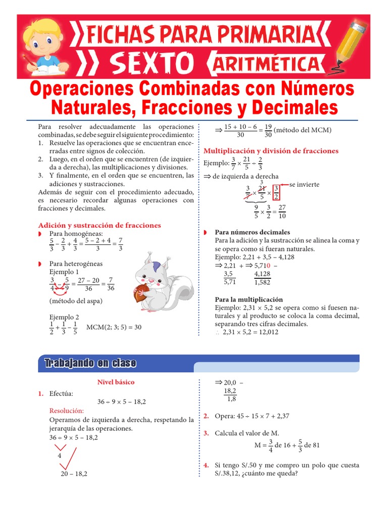 Operaciones Combinadas Con Fracciones y Decimales para Sexto de ...