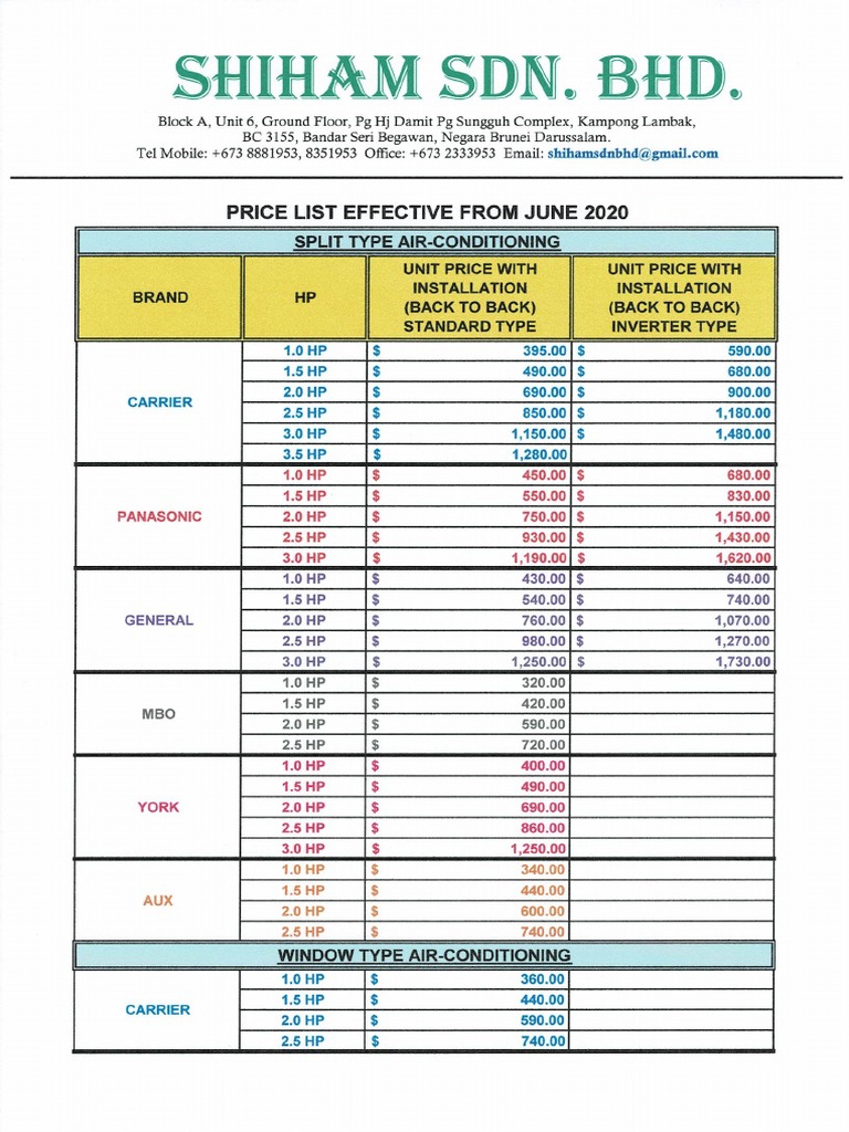 Air Conditioner Price List Updated June 2020 | PDF