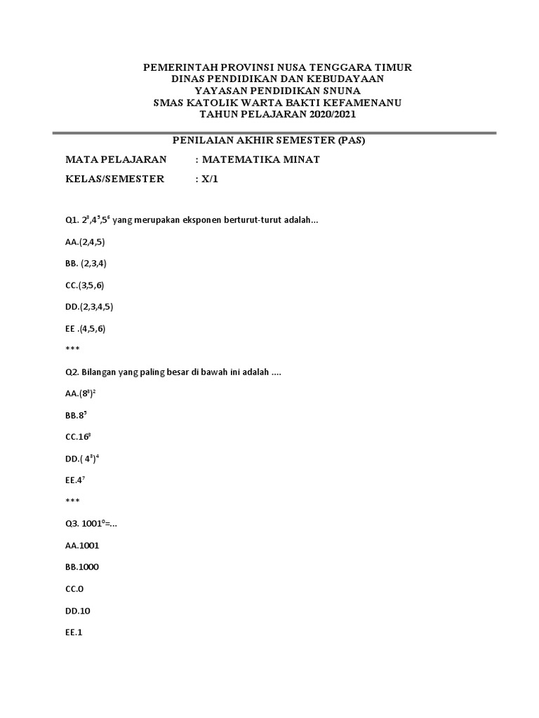 Soal Pas Matematika Minat X | PDF