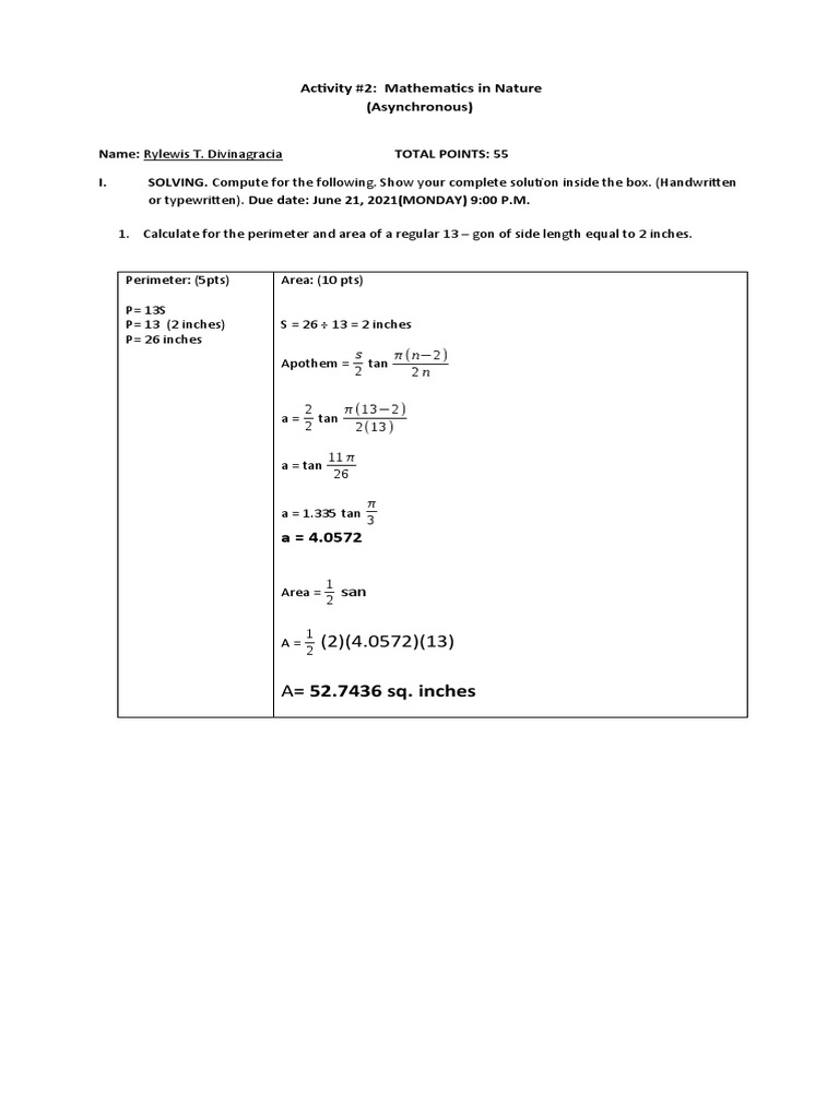 Activity No. 2 (Mathematics in Nature) | PDF | Area | Geometry