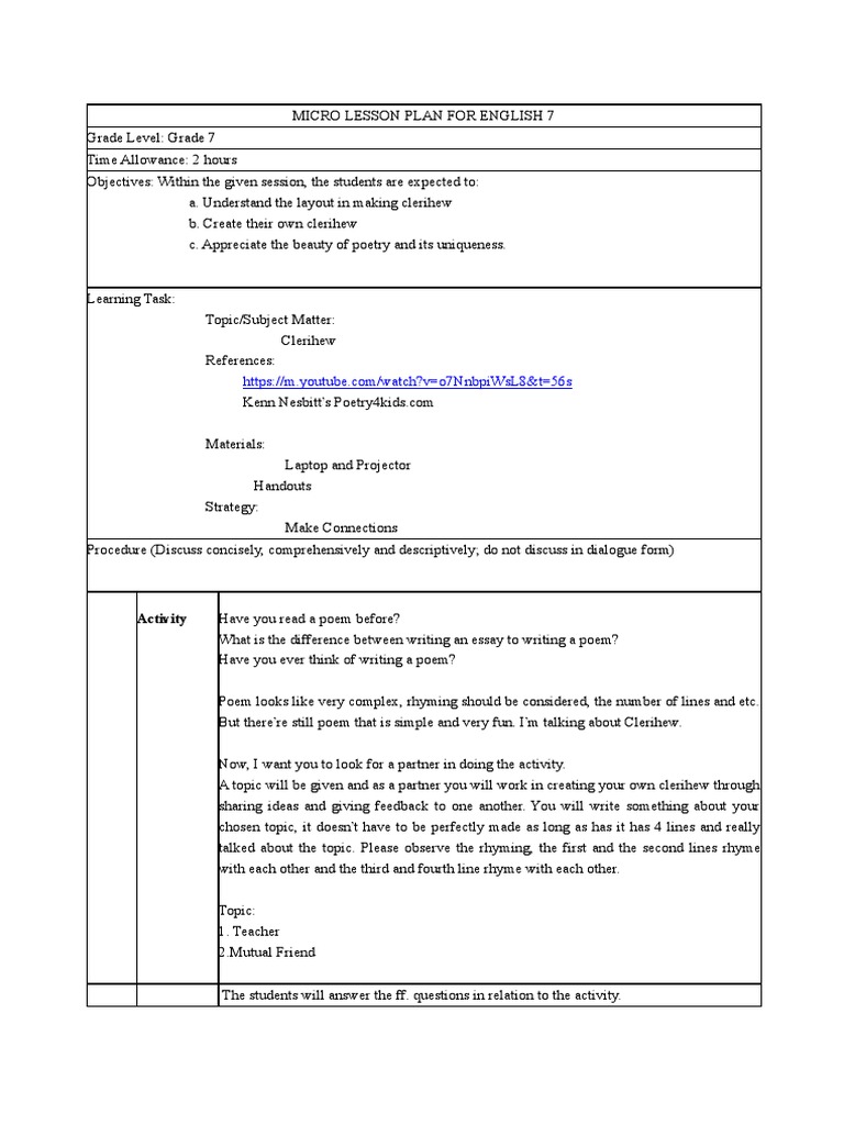 Micro Lesson Plan | PDF | Poetry | Lesson Plan