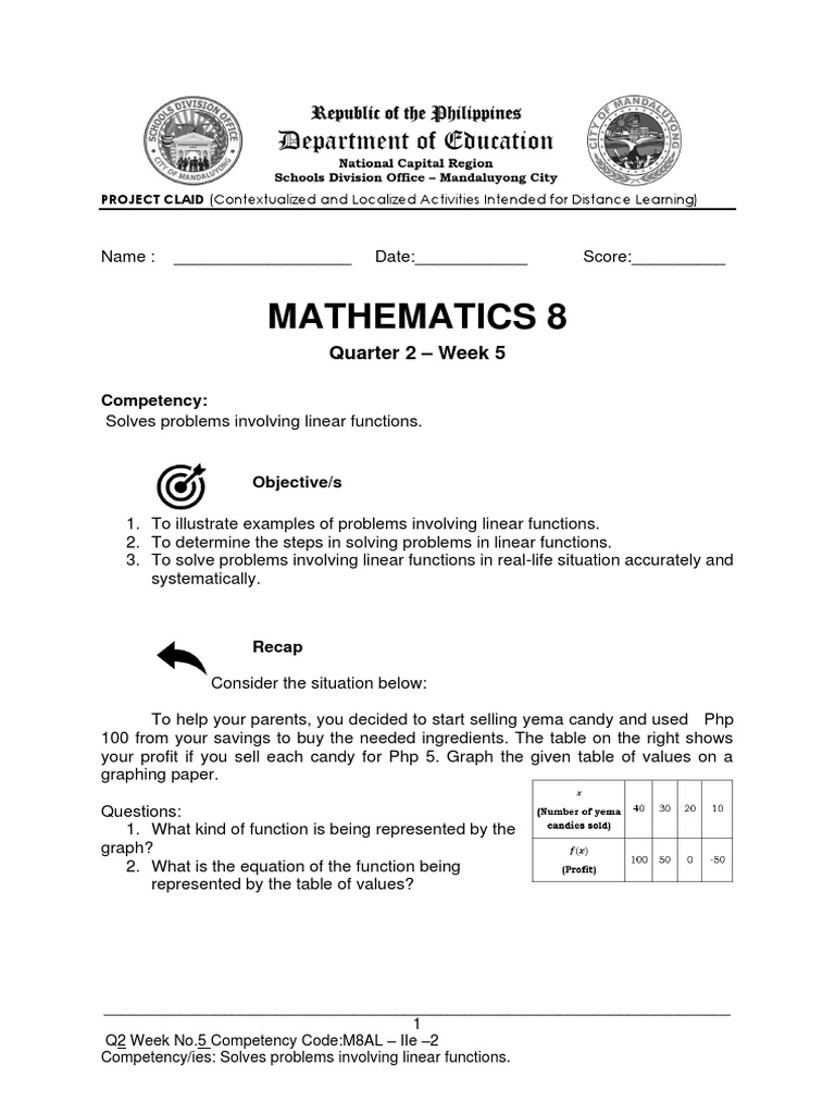 Mathematics 8: Quarter 2 - Week 5 | PDF | Function (Mathematics ...