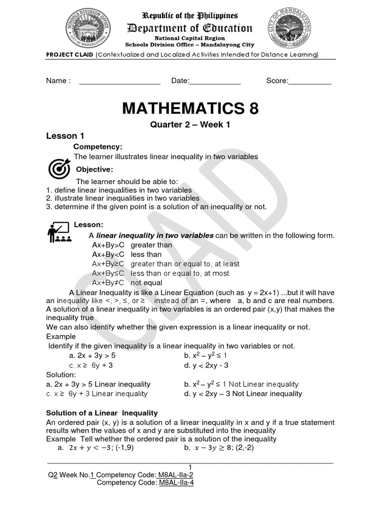 Mathematics 8: Quarter 2 - Week 1 Lesson 1 | PDF | Equations | Algebra
