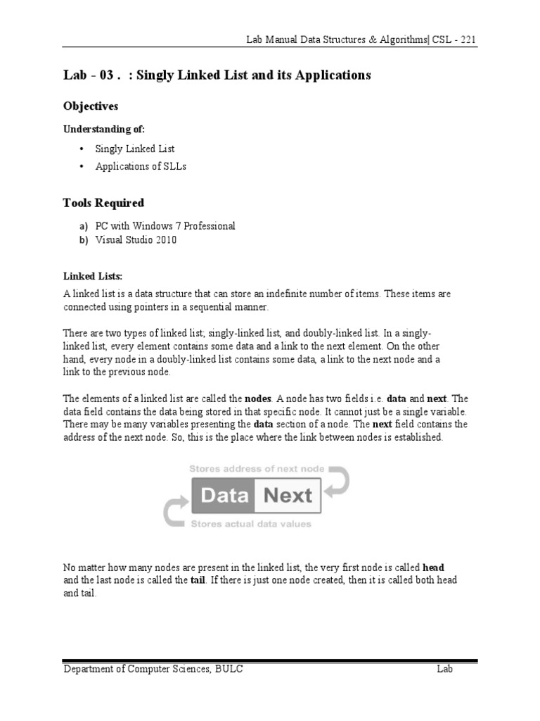 Lab - 03 .: Singly Linked List and Its Applications: Objectives | PDF | Pointer (Computer ...