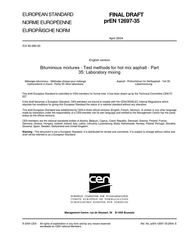PrEN 12697-35 - Laboratory Mixing | PDF | Asphalt | Mixture