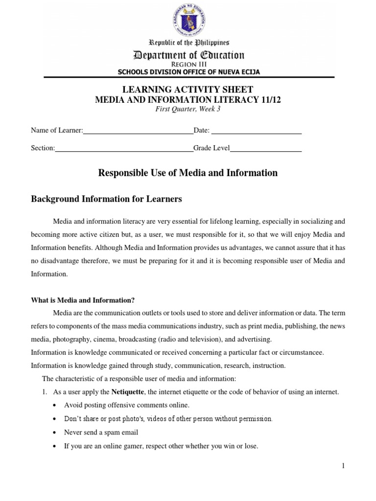 MODULE 3. SHS MIL - Q1 - W3 - Responsible Use of Media and Information ... MODULE 3. SHS MIL - Q1 - W3 - Responsible Use of Media and Information ...