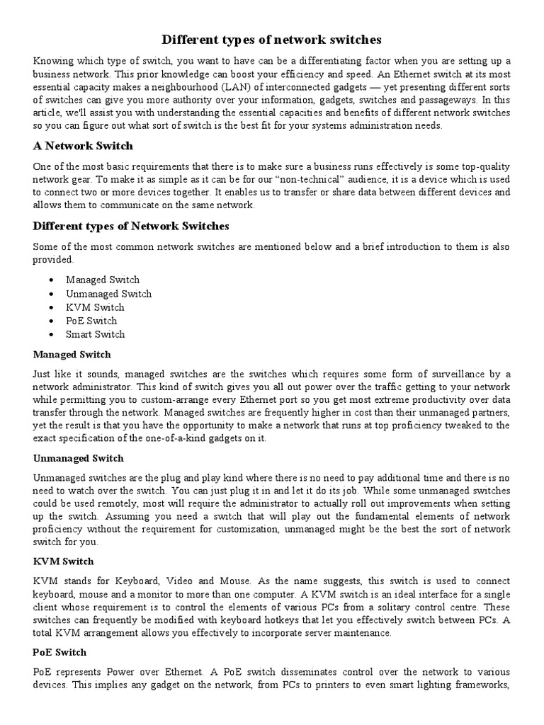 Different Types of Network Switches | PDF | Network Switch | Computer ...