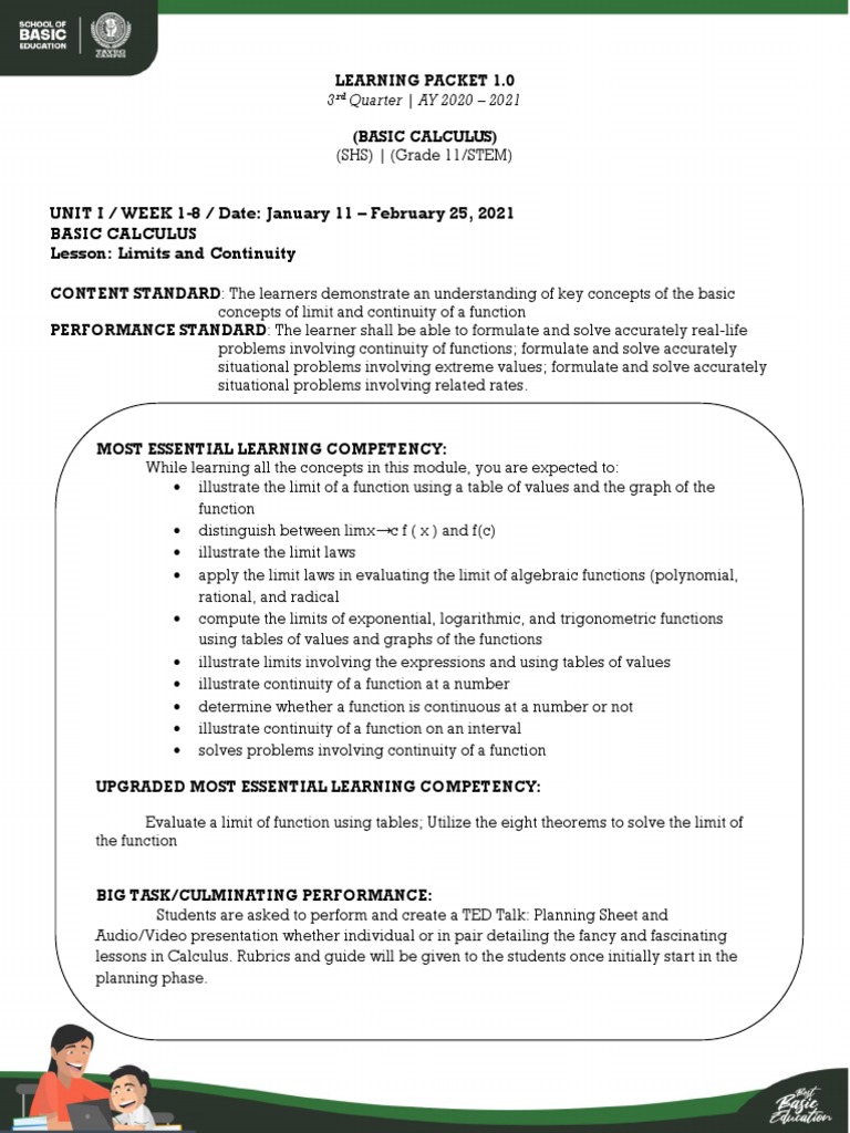 LP Basic Cal | PDF | Function (Mathematics) | Infinity