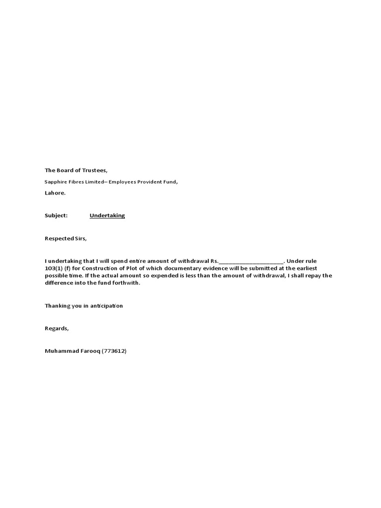 SFL-Under Taking Format (P.fund Witdrawal) | PDF