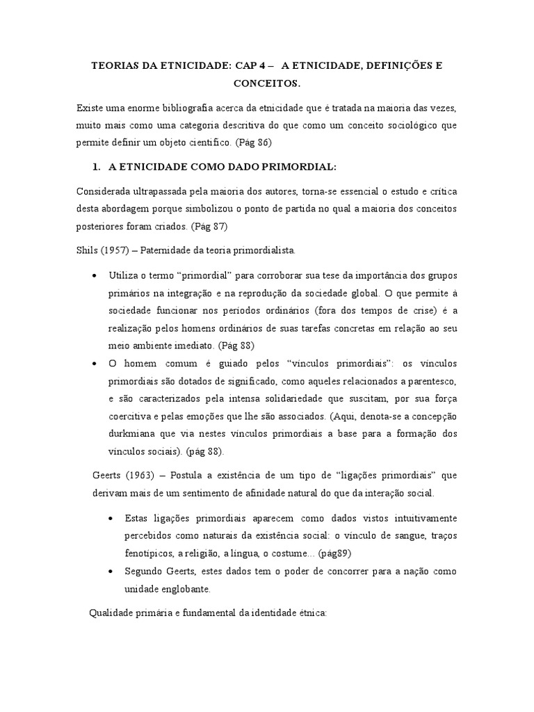 Teorias Da Etnicidade Cap 4 | PDF | Sociologia | Grupos étnicos