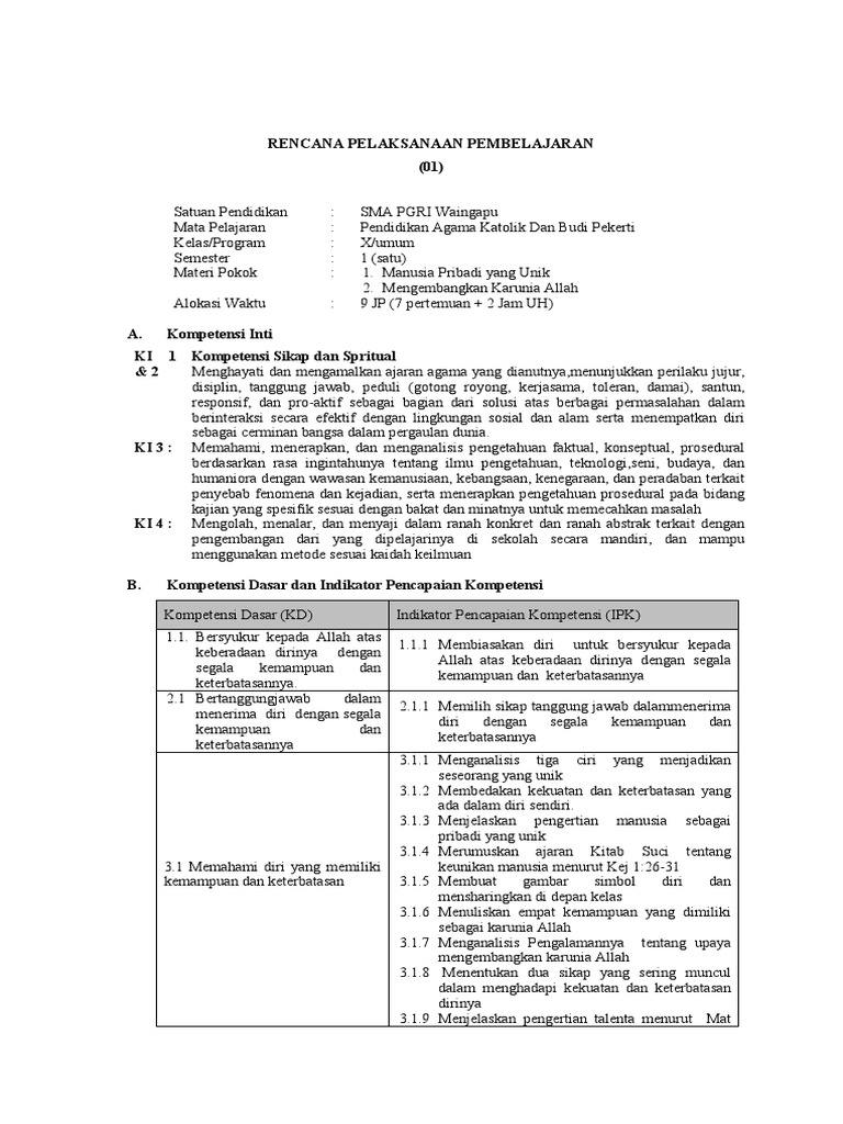 RPP Agama Katolik Kelas X KD 1 2020 | PDF