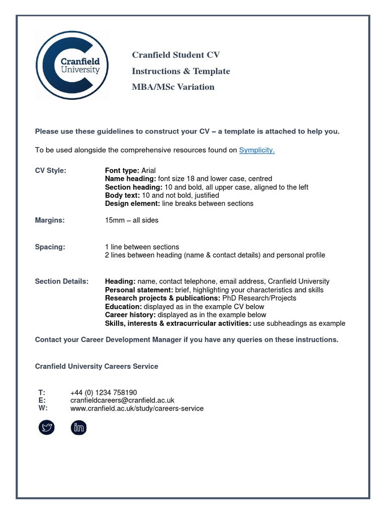 Cranfield Student CV Instructions & Template Mba/Msc Variation | PDF ...