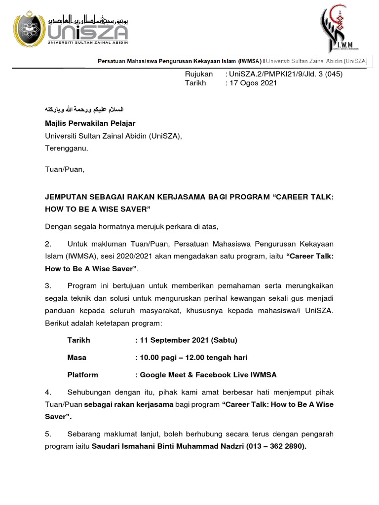 Surat Jemputan MPP UniSZA | PDF