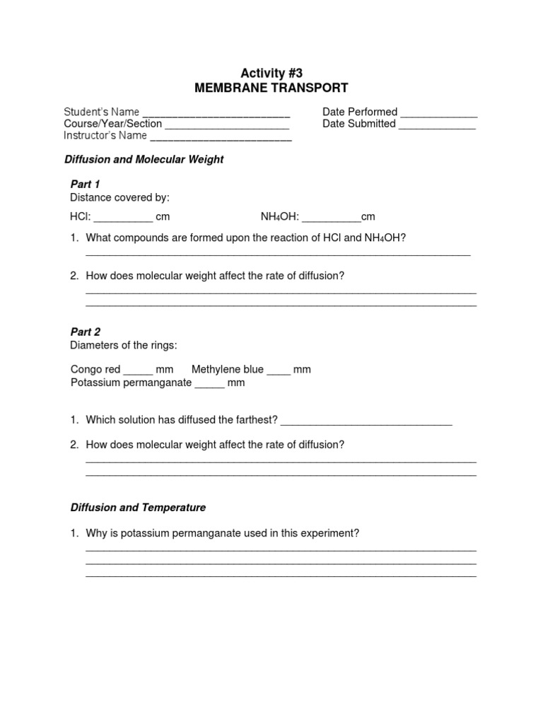 Act03 Membrane Transport Exercise | PDF | Osmosis | Chemistry