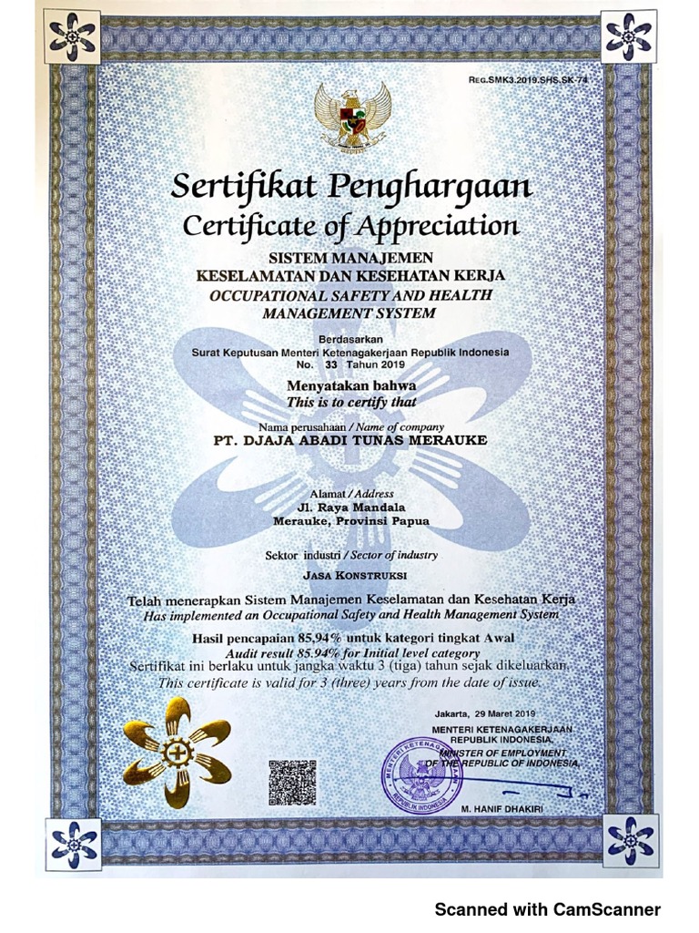 Contoh Sertifikat SMK3 | PDF