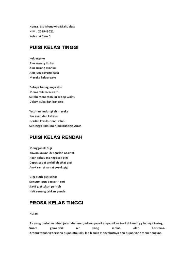 Contoh Puisi Prosa Dan Drama Untuk Anak Kelas Rendah Dan Kelas Tinggi | PDF