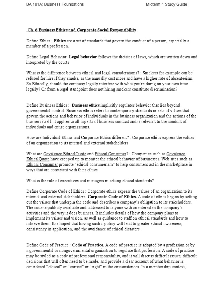 Business Ethics and CSR Study Guide | PDF | Limited Liability Company ...