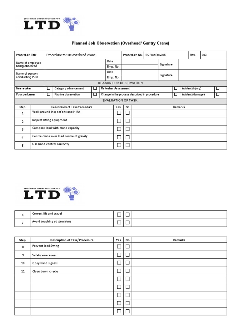Planned Job Observation For OHC DONE | PDF | Crane (Machine) | Safety