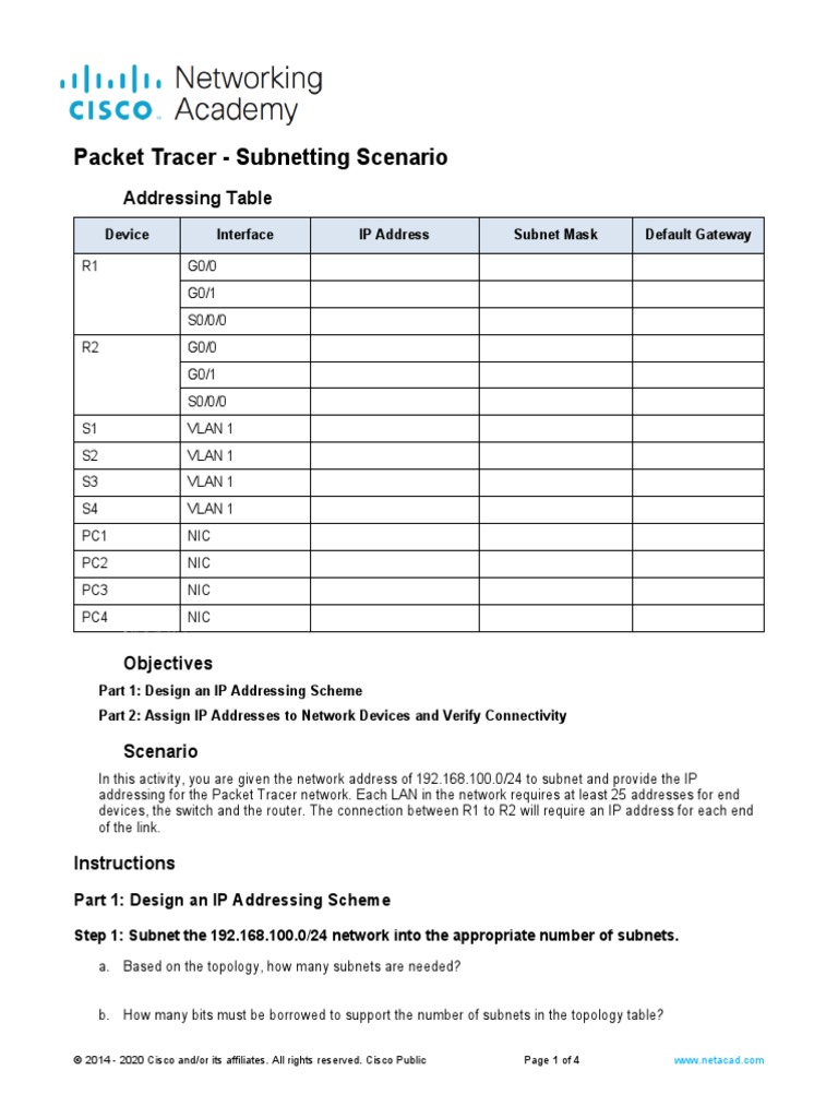 11.7.5 Packet Tracer - Subnetting Scenario (HA 1) | PDF | Ip Address ...